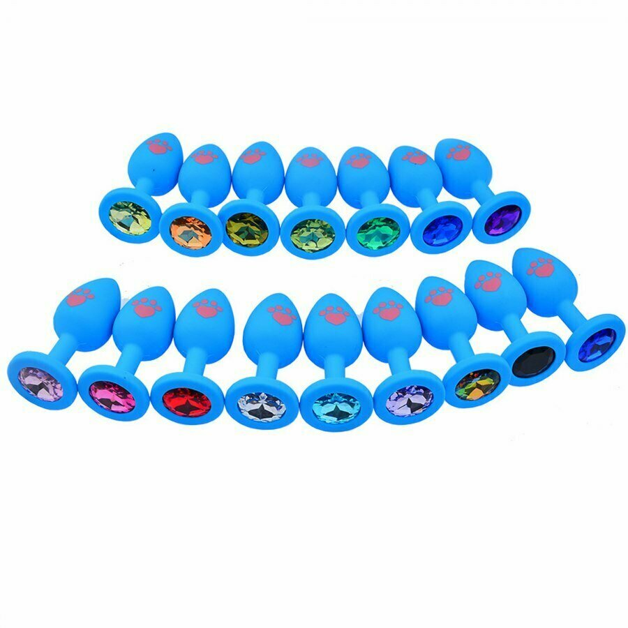 Голубая силиконовая анальная пробка с круглым кристаллом, размер S