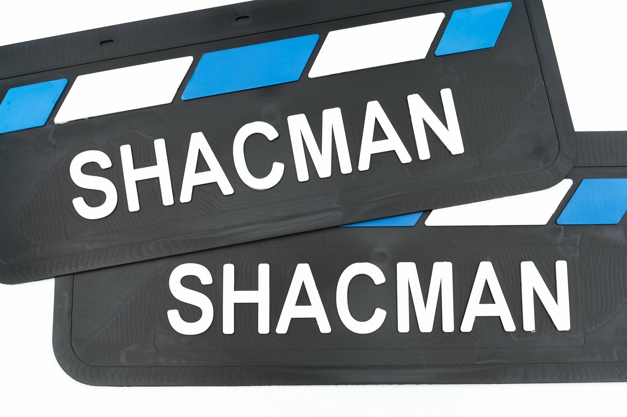 Брызговики задние SHACMAN 670*270 черная резина LUX PRO с белой надписью и сине-белой полосой
