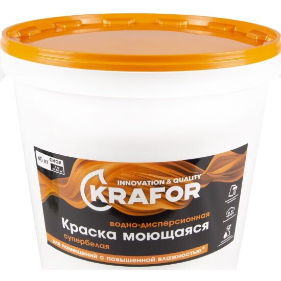 Краска водно-дисперсионная интерьерная моющаяся Krafor , латексная, 40 кг, супербелая