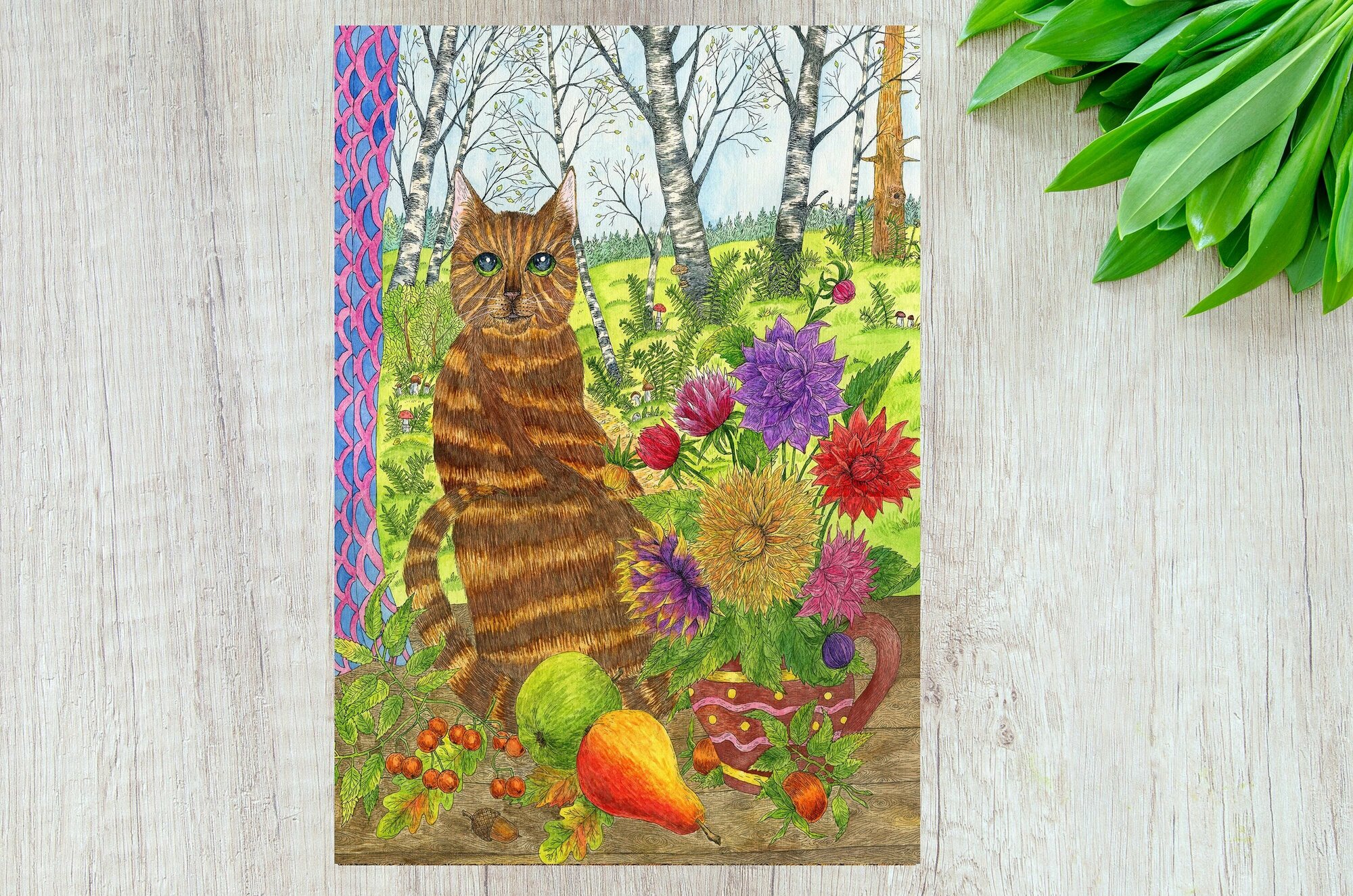 Открытка Кошка на окне и букет осенних цветов Открытка с котом поздравительная с конвертом