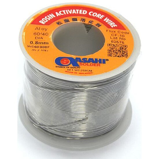 Припой с флюсом Asahi Припой WC60B08F, 0.8мм 0.25кг Sn60/Pb40 (СF10 флюс RA)
