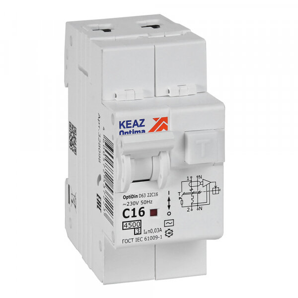 КЭАЗ АВДТ с защитой от сверхтоков OptiDin D63-22C16-AC-У3 (2P, C16, 30mA, 4,5кА)