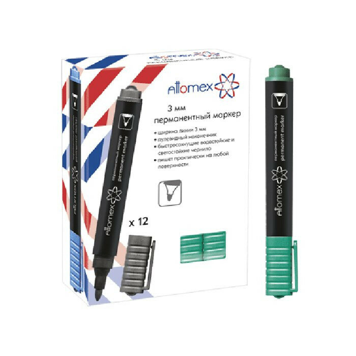 Маркер перманентный Attomex круглый 3мм зеленый арт.5043503. Количество в наборе 24 шт.