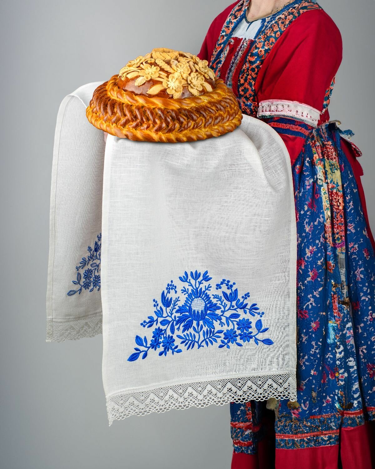 Свадебный рушник "Изобилие", 154х42см, вышивка гладью, лён, кружево