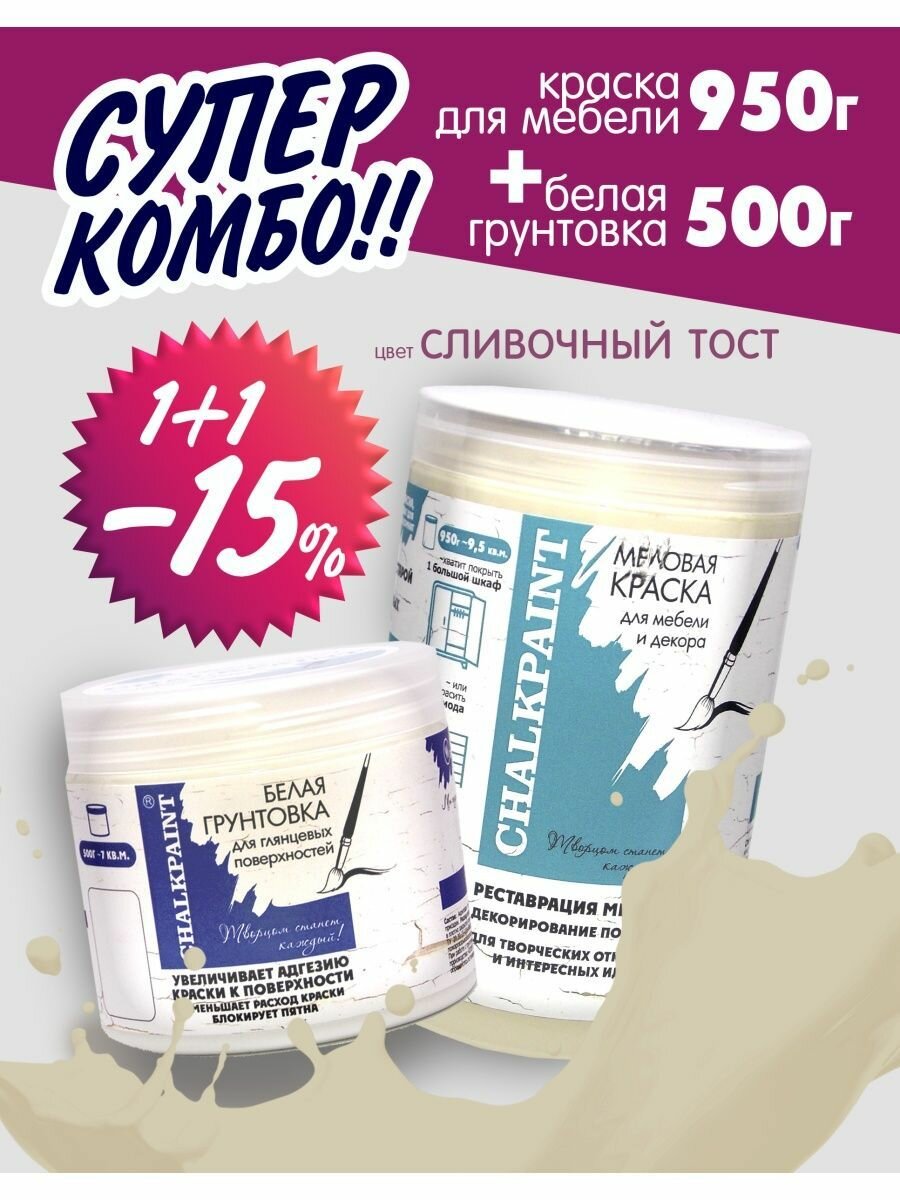 Краска меловая Chalky Paint для мебели, сливочный тост, 950 г + грунт 500 г