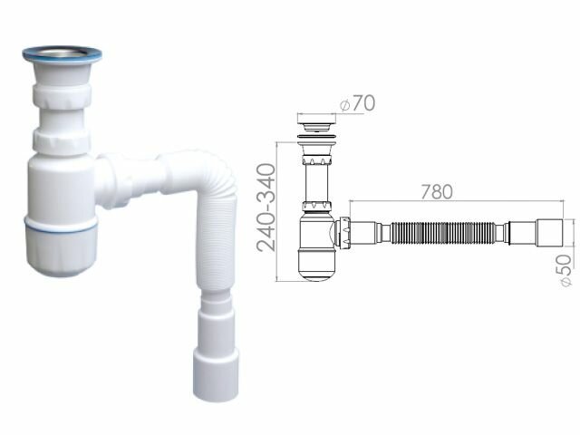 Сифон для умывальника выпуском 70 мм с гибкой трубой 1 1/2" - 40/50 мм AV ENGINEERING (AVE129752)