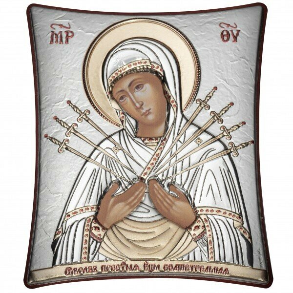 Икона "Семистрельная" / Божией Матери / Икона на дереве с серебрением / 9x8 см / Греция Slevory / 117TBR1FWB
