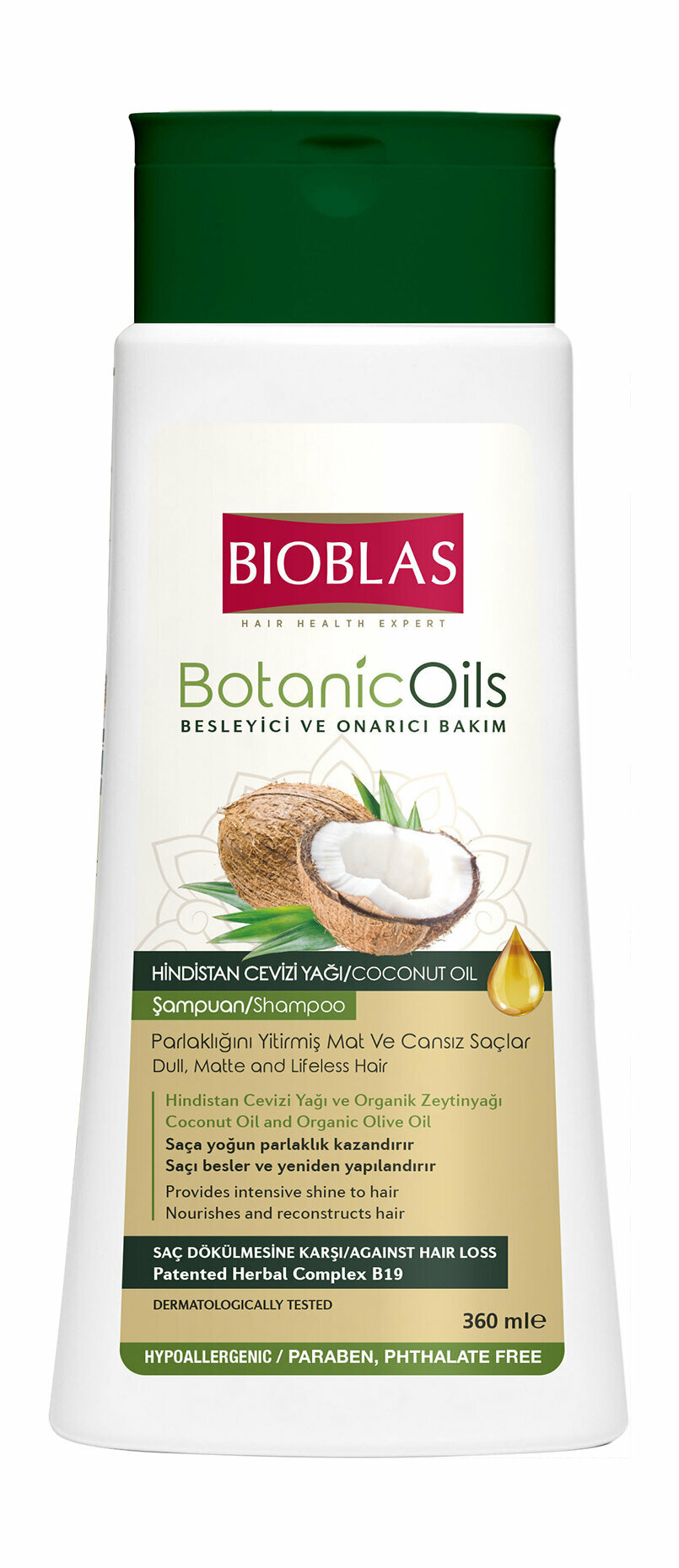 BIOBLAS Шампунь для придания блеска безжизненным волосам против выпадения с кокосовым маслом, 360 мл
