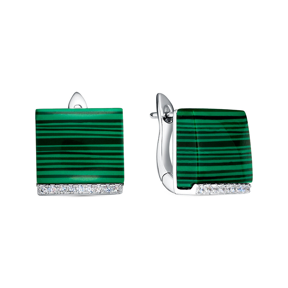 Серьги, серебро, 925 проба, малахит, фианит