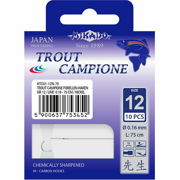 Крючки с поводками Mikado TROUT CAMPIONE № 2 NI / 0.25 мм. / 75 см. ( 10 шт.)