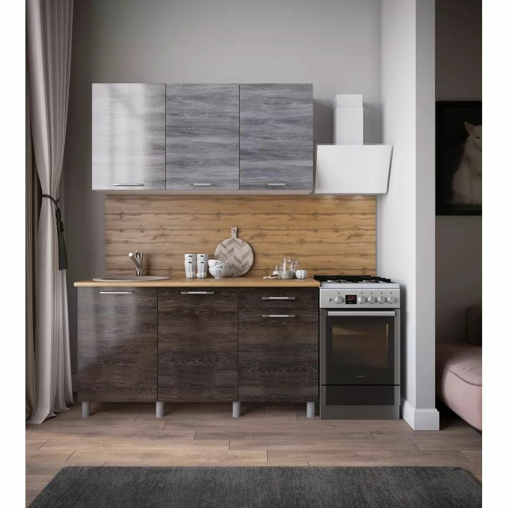 Кухонный гарнитур (кухня) без столешницы Танго 1.5м, Фасад МДФ Дуб шале серебро/Дуб шале мореный Корпус ЛДСП Белый с тиснением Древесные поры тэкс