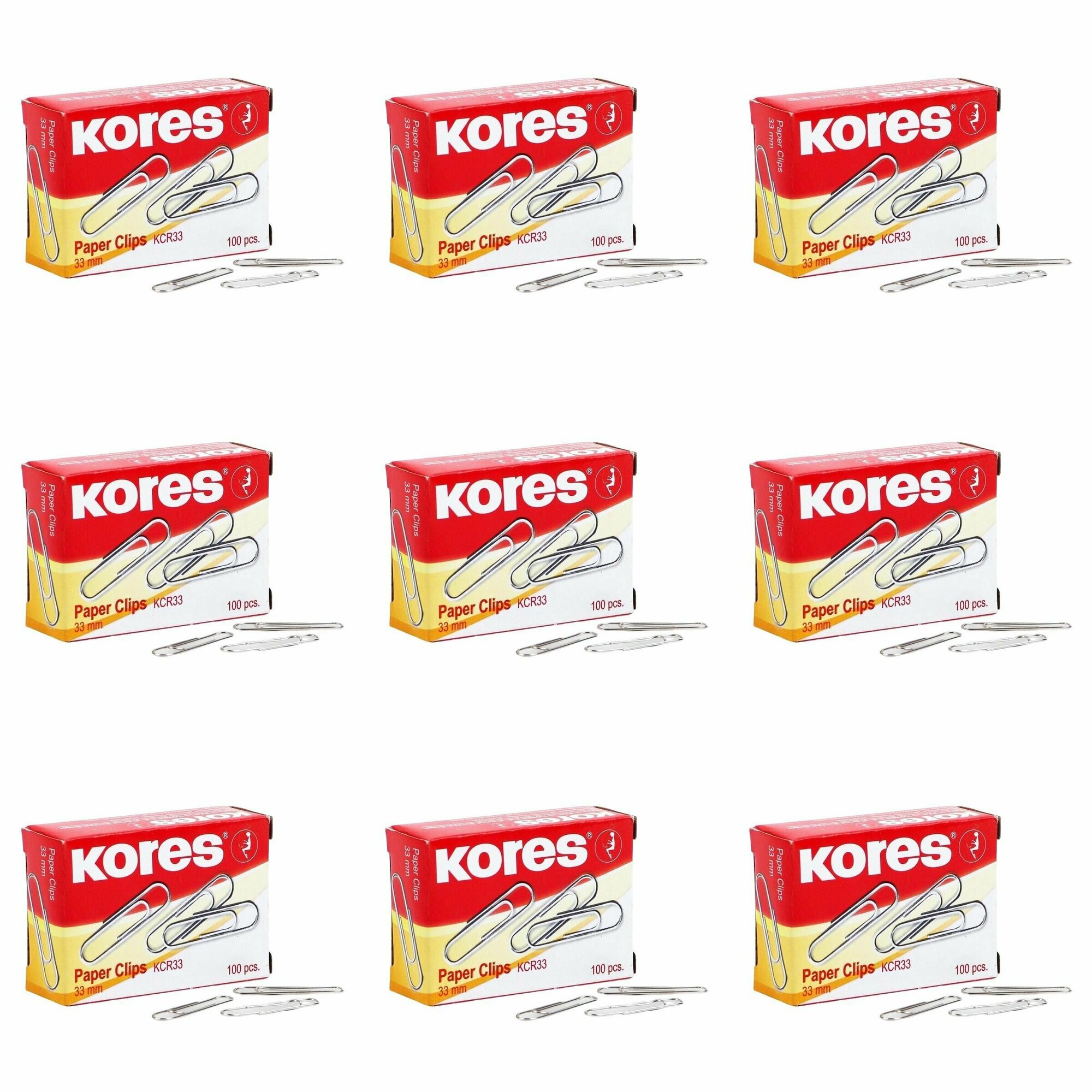 Kores Скрепки с отгибом, 33 мм 100 шт, 9 уп