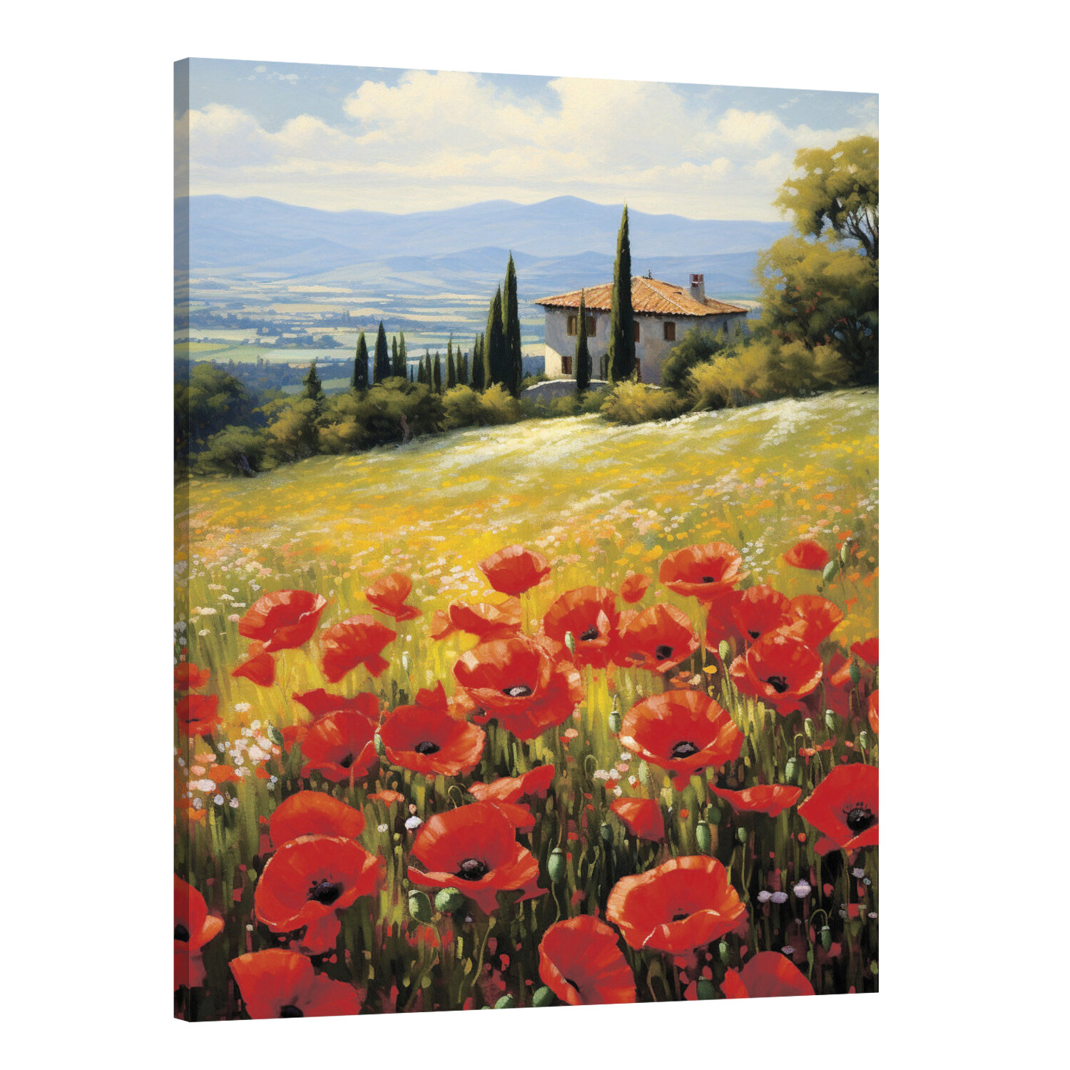 Интерьерная картина 50х70 "Пейзаж с солнцем, лугом и цветущими маками"