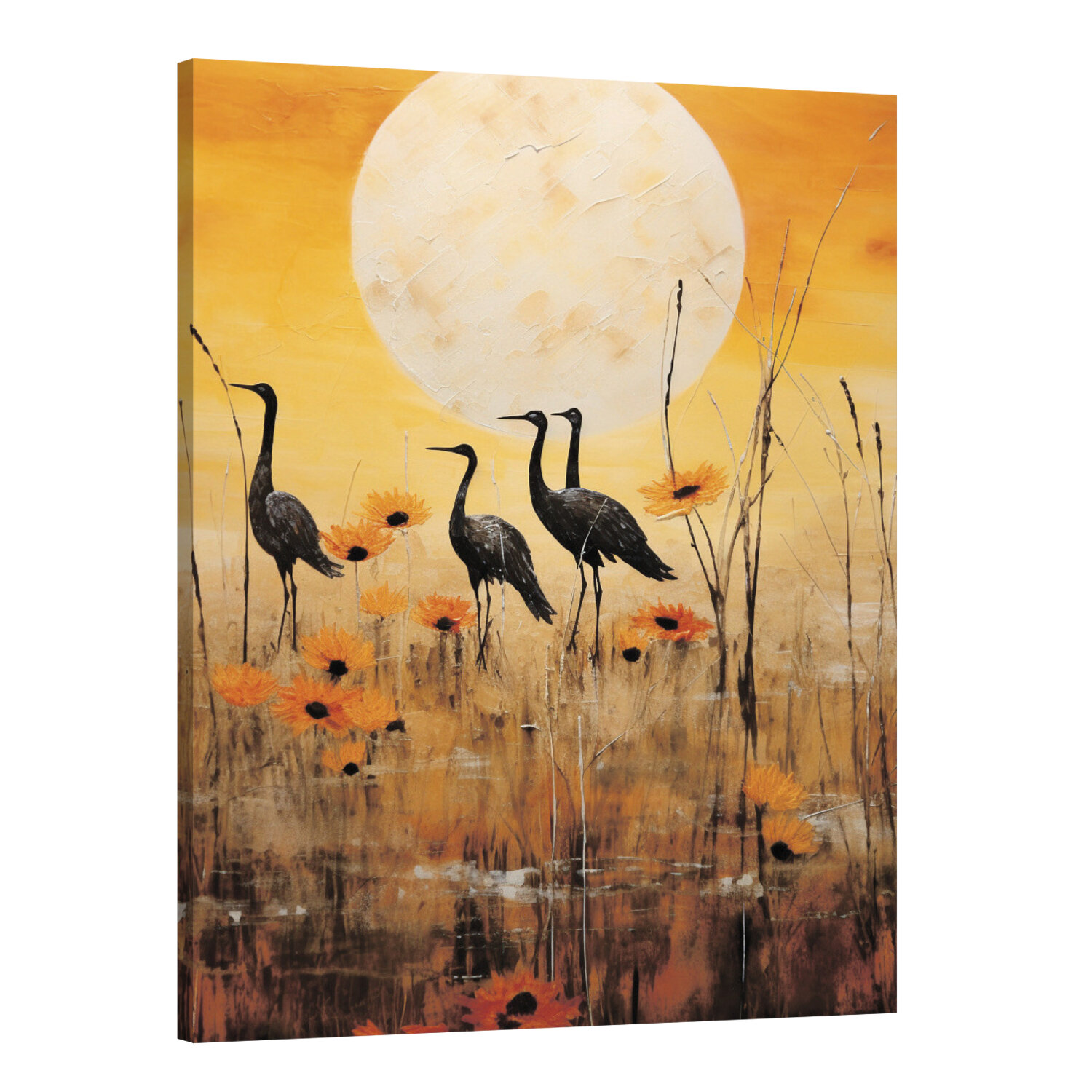 Интерьерная картина 50х70 "Пейзаж с полями и летящими журавлями"