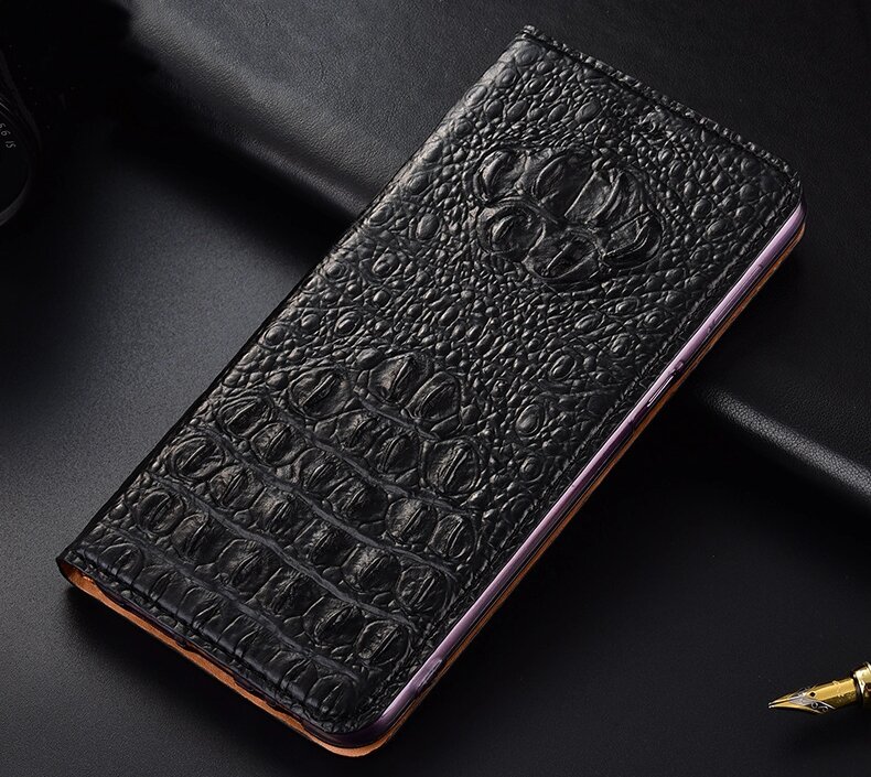 Чехол-книжка MyPads Premium для Nokia X30 5G из натуральной кожи с объёмным 3D рельефом спинки кожи крокодила роскошный эксклюзивный черный. Только.