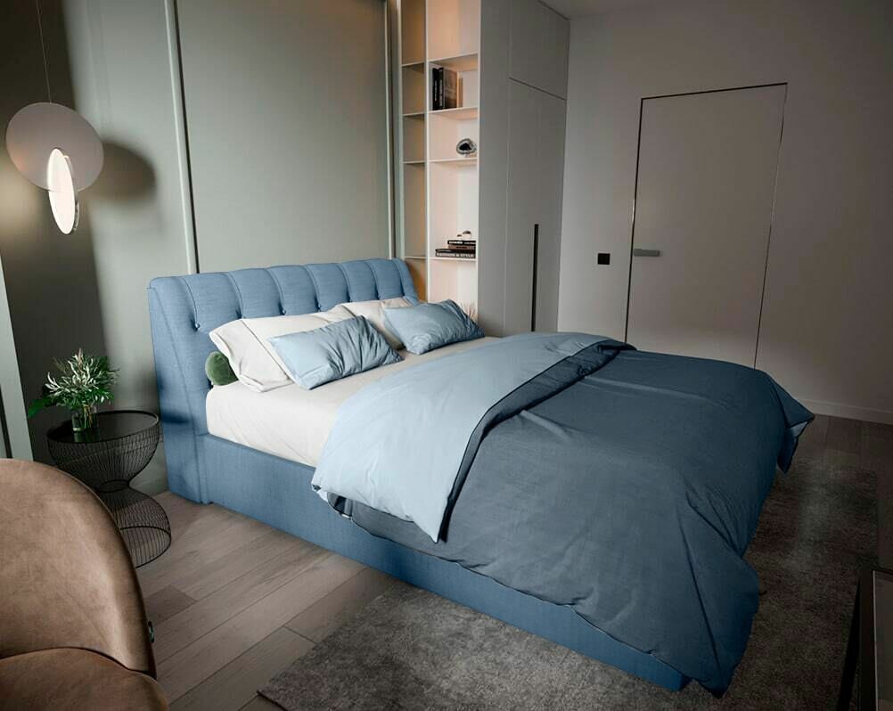 Двуспальная кровать 180x200, Ariel, с мягким изголовьем, с ящиком, велюр, синий