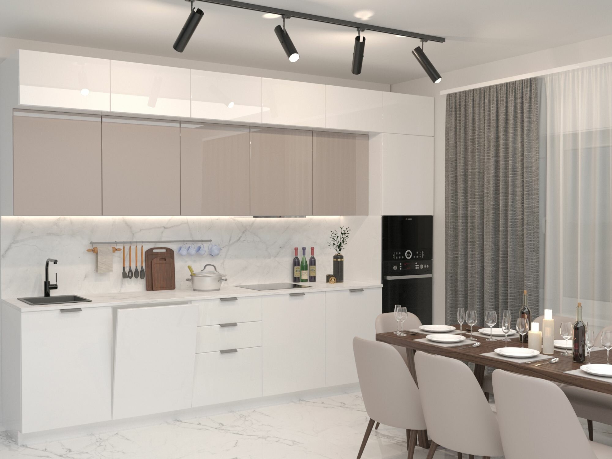 Кухонный гарнитур 3600 мм, Белый глянец/Капучино глянец