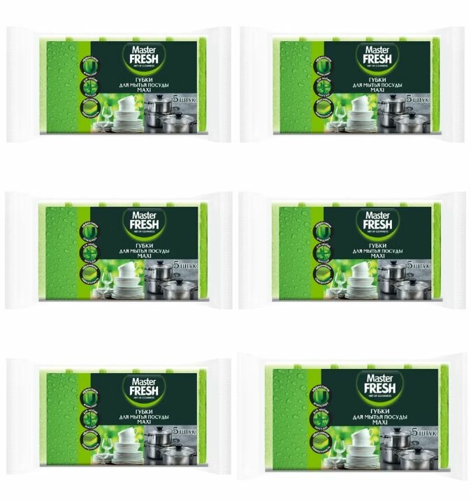 Master Fresh Губки для мытья посуды Maxi, 5 штук в упаковке, 6 уп