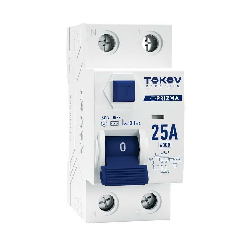 Выключатель дифференциального тока (УЗО) 2п (1P+N) 25А 30мА тип AC 6кА PRIZMA TOKOV ELECTRIC TKE-PZ60-RCDM-2-25-30-AC-2 шт