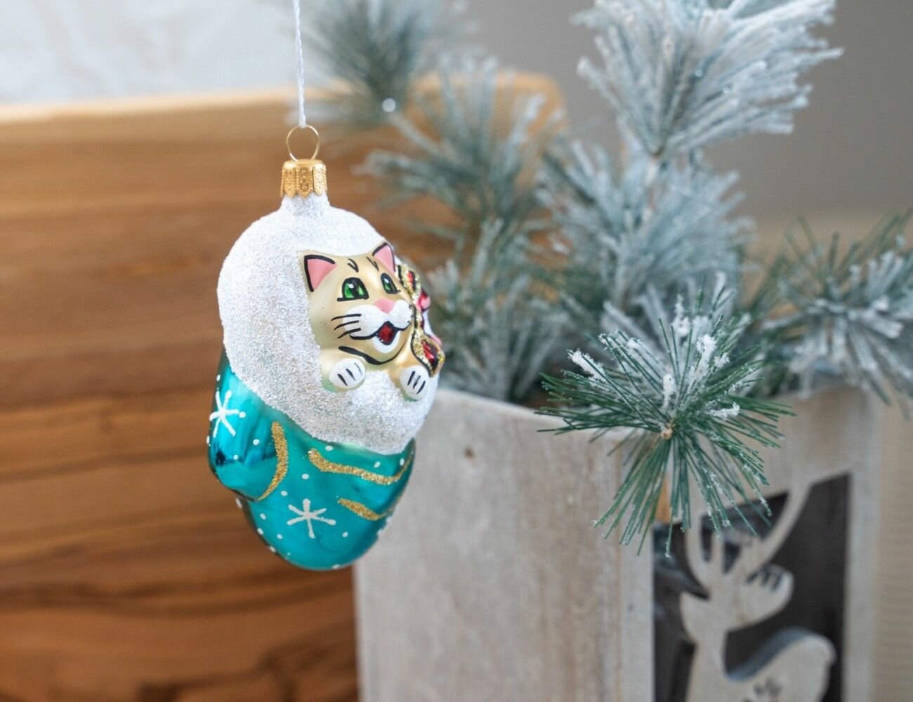 Стеклянная ёлочная игрушка рукавичка, бирюзовый, 80 мм, Елочка С960-кот-бир