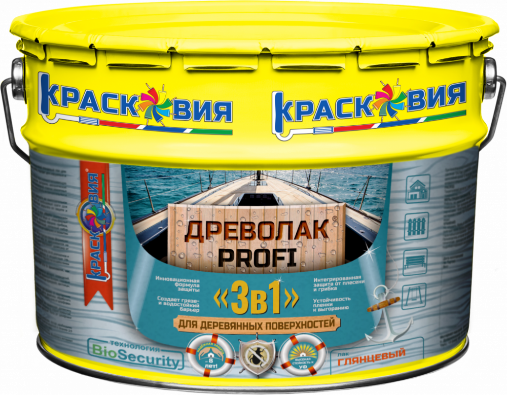Древолак PROFI «3 в 1» Красковия 8.0кг Износостойкий Глянцевый Лак "3 в 1" для Дерева, Бесцветный / Красковия.