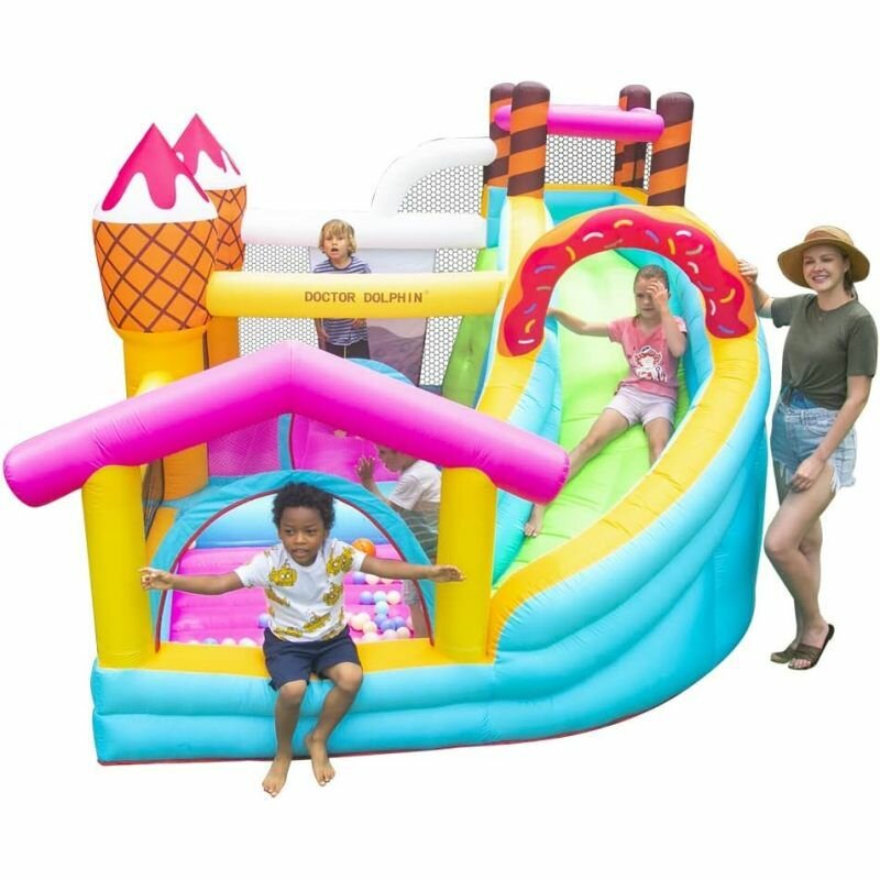 Детский надувной надувной дом с нагнетателем, длинной горкой и бассейном для шариков для веселья на открытом воздухе!
