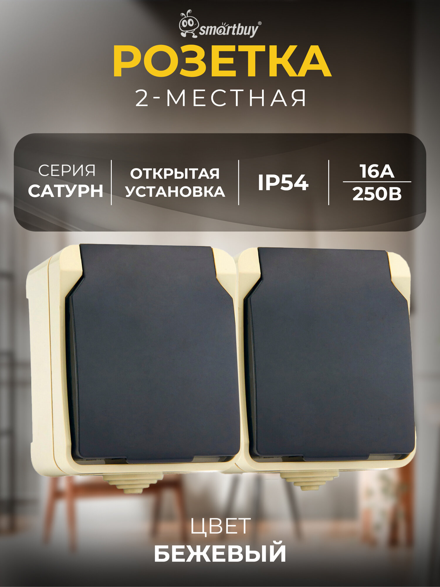 Розетка 2-местная с заземлением 16А с крышкой, IP54 "Сатурн", SmartBuy