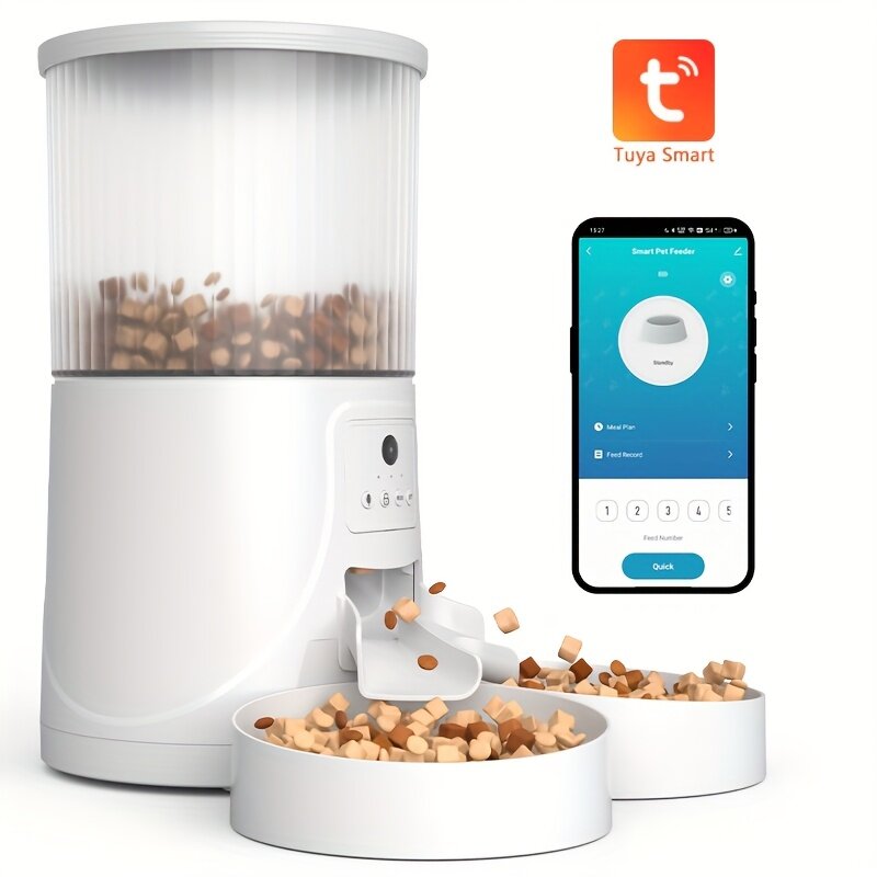 Умная кормушка с камерой — автоматический дозатор корма для кошек и собак, просмотр в HD через приложение, двусторонняя аудиосвязь, кормление по таймеру, оповещение о низком уровне корма, два лотка
