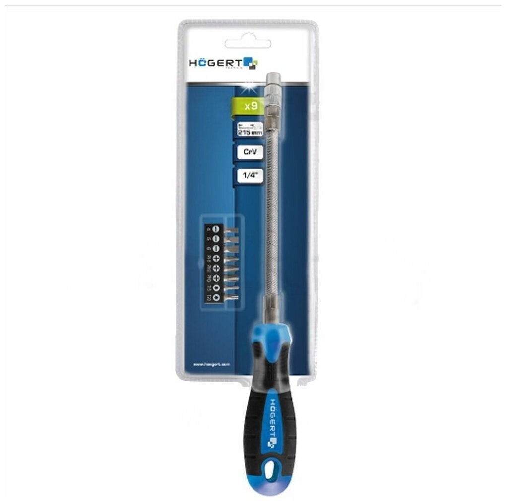 Отвертка с гибким стержнем и комплектом бит 4-6 мм. PH1/PH2/PH3/T15/T20, (8 шт), HOEGERT