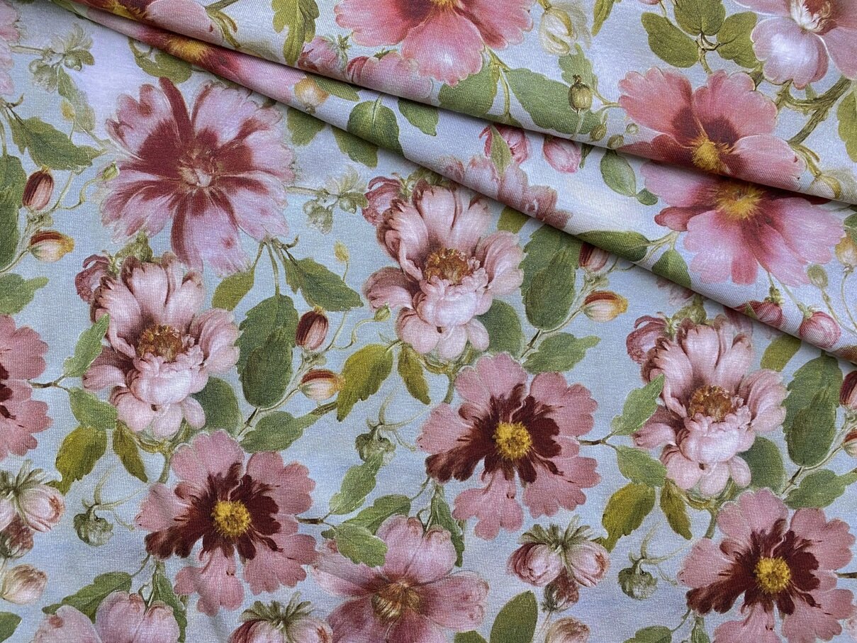 Ткань Трикотаж голубого цвета с принтом розовые цветы 38258