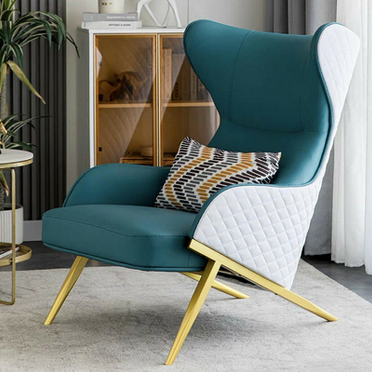 Кресло с высокой спинкой Aura на металлическом каркасе для современной гостиной (белый + синий, желтое золото ножки, без оттоманки)