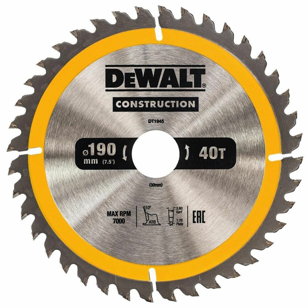 Диск пильный по дереву с гвоздями 190 x 30 мм, 40 зубов, DEWALT CONSTRUCTION DT1945