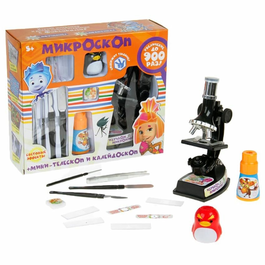 Детский микроскоп "фиксики: мини-телескоп + калейдоскоп" с набором для исследований и опытов в домашних условиях, обучающий игровой комплект, с подсветкой, юный биолог, изучаем микромир
