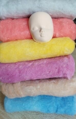 Вата хлопковая, 100% хлопок, набор: 6 отрезов + 1 личико, размер отрезов ваты 20 см * 10 см, для ватной игрушки, куклы, окрашенная