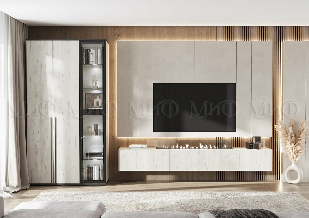 Гостиная Миф Норд с подсветкой Комплект №1 Дуб крафт белый размер 3600х2236х510