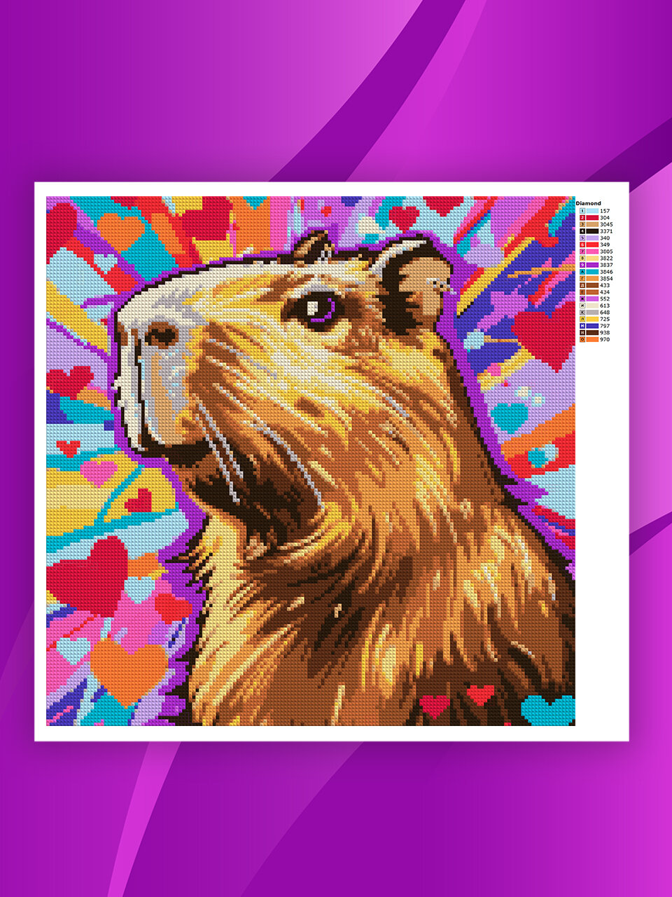 Алмазная мозаика без подрамника - вышивка Капибара арт с сердечками 40 х 40 см