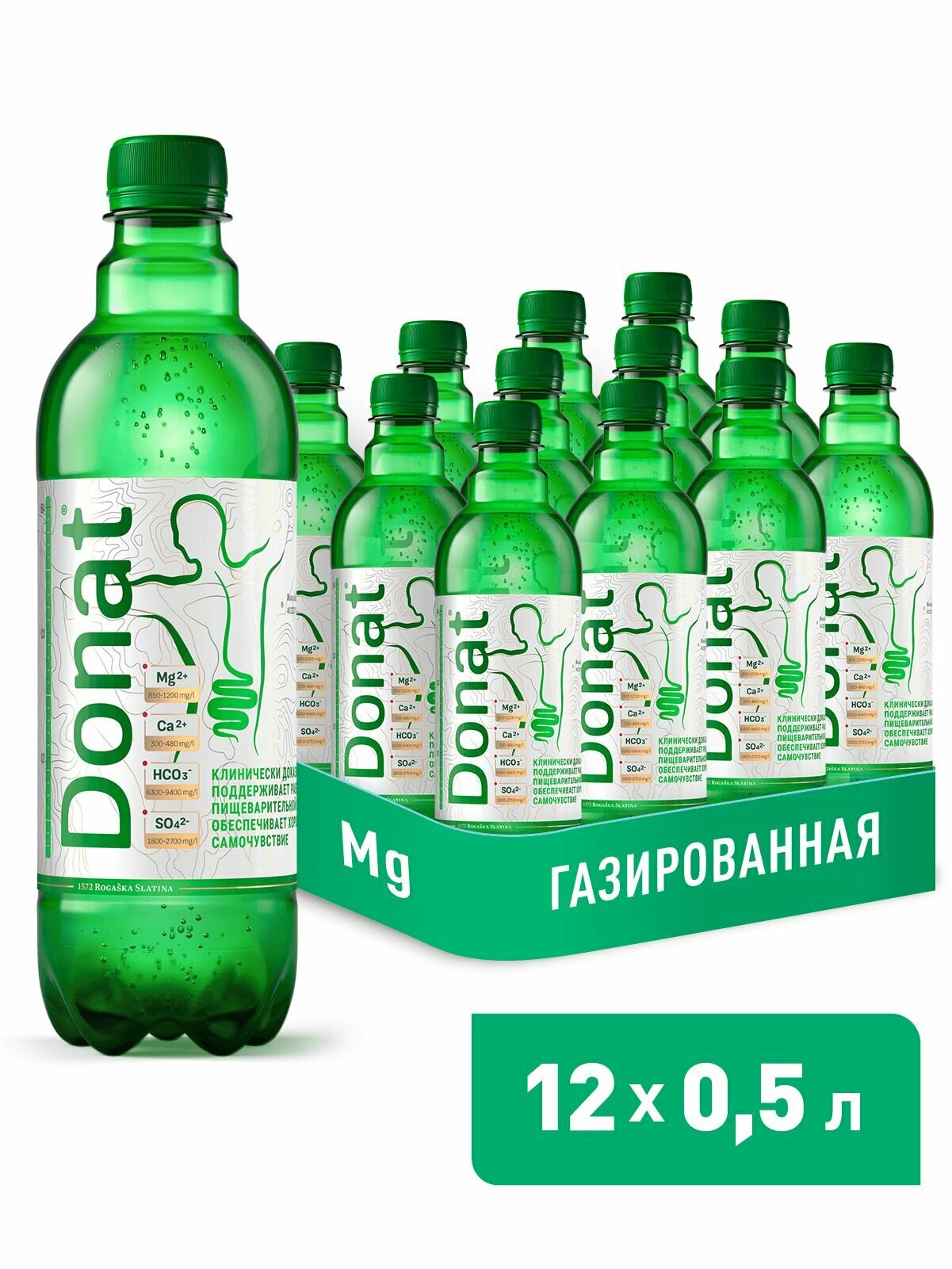DONAT Mg Вода минеральная лечебно-столовая, газированная. Донат магний 0,5 л х 12 шт