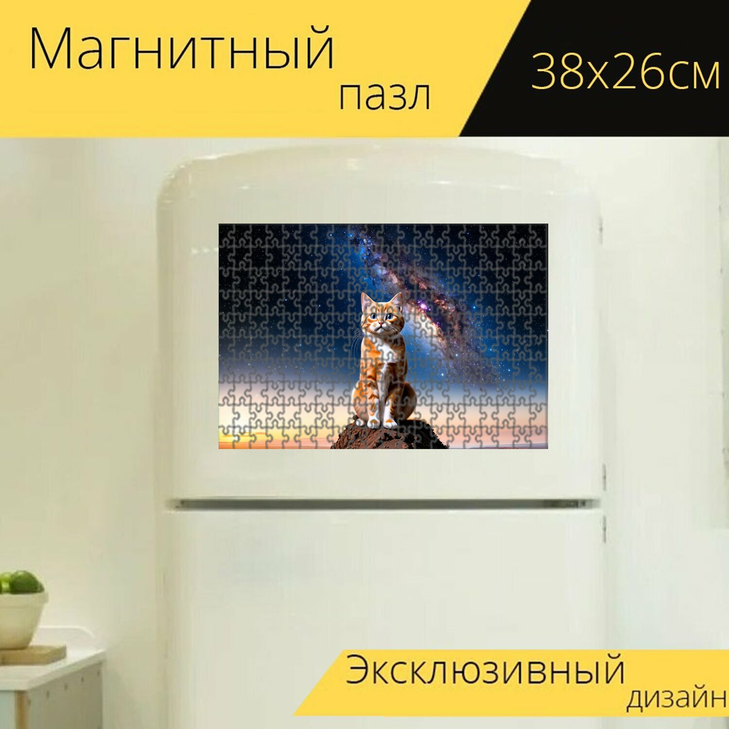 Магнитный пазл "Кот на вершине горы, смотрящий на звездное небо с тысячами звезд и яркой галактикой. В фоне горный пейзаж с дорогой, огибающей скалы, и." для интерьера, 38х26 см.