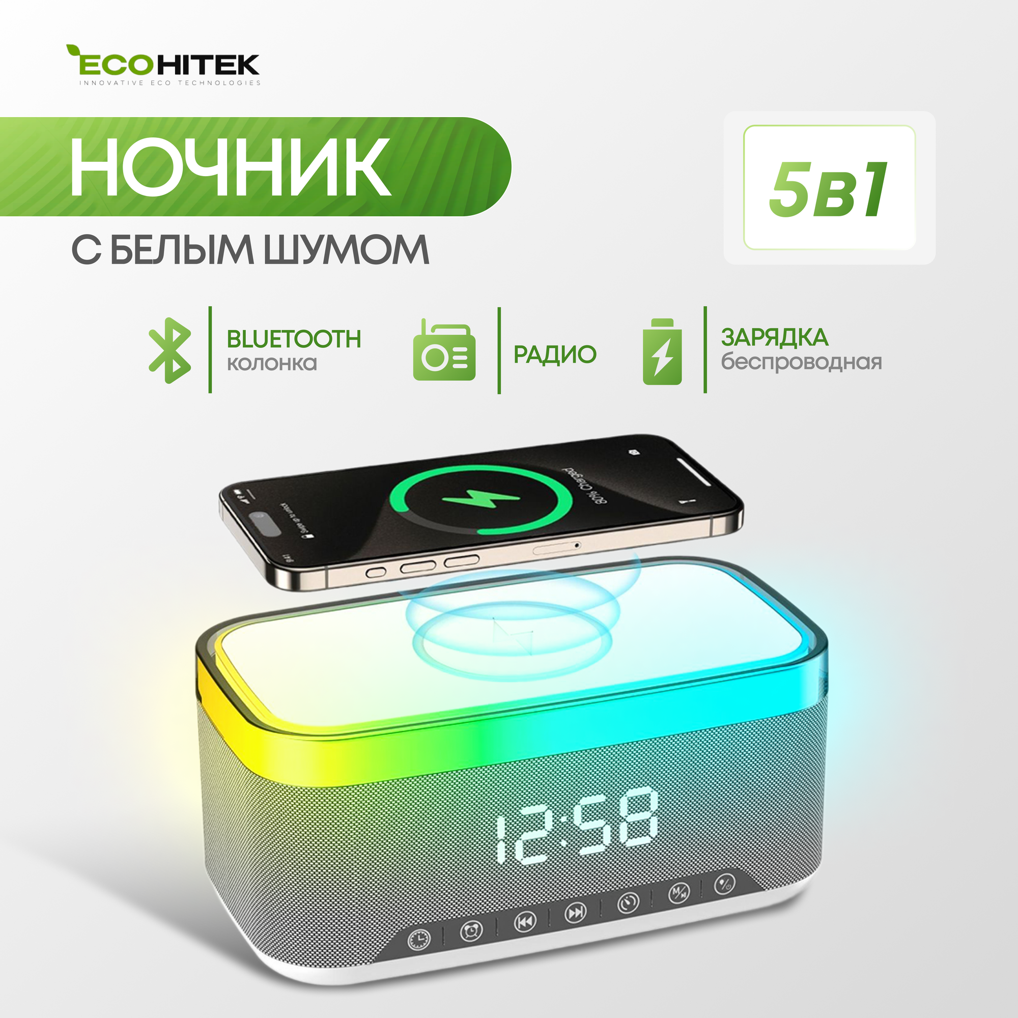 Генератор белого шума Sweet Dreams Pro. Bluetooth колонка. Поддержка microSD, USB-A, беспроводная зарядка, часы, будильник.