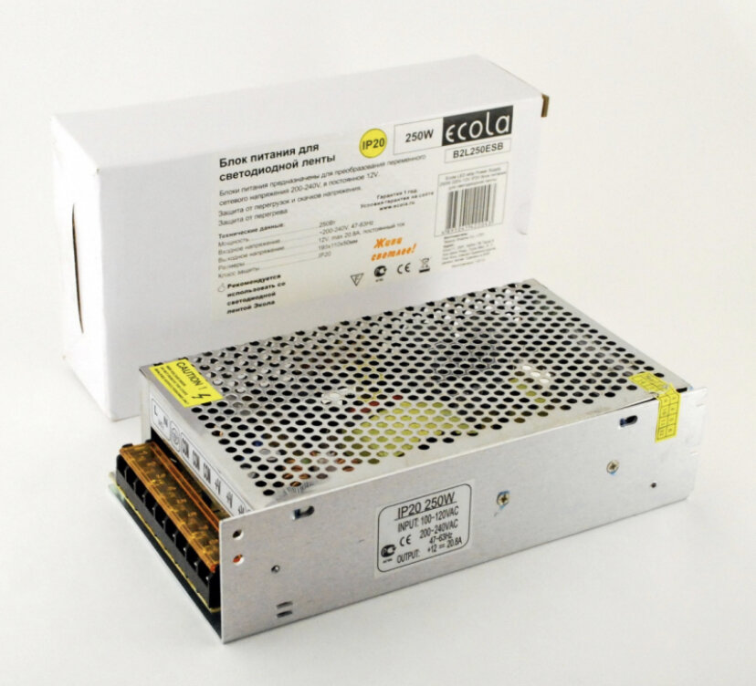 Ecola Блок питания для светодиодной ленты, 250 Вт, 220-12 В, IP20