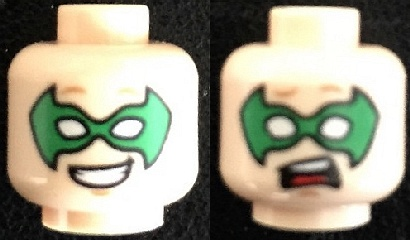 Minifigure, Head Dual Sided Green Eye Mask with Eye Holes, Smile / Scared Pattern (Robin), 3626pb1194 Light Nougat U