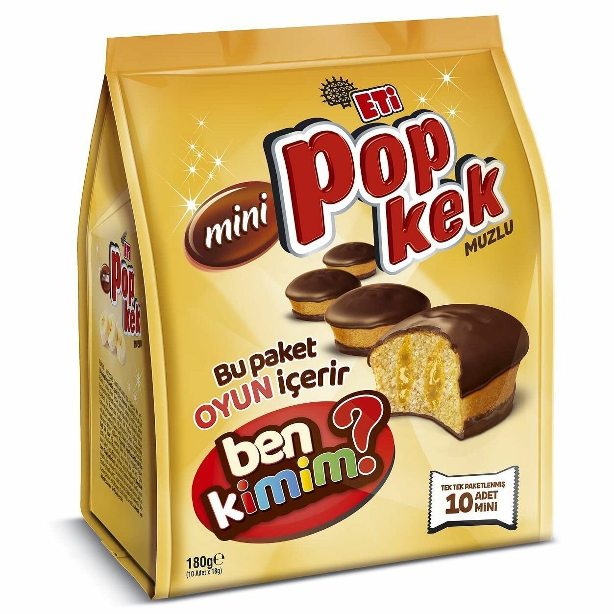 Мини кексы "ПОП КЕК" в шоколадной глазури с банановым кремом, "ETi", Mini Pop Kek Muzlu, 180гр. (10шт x 18гр) Турция