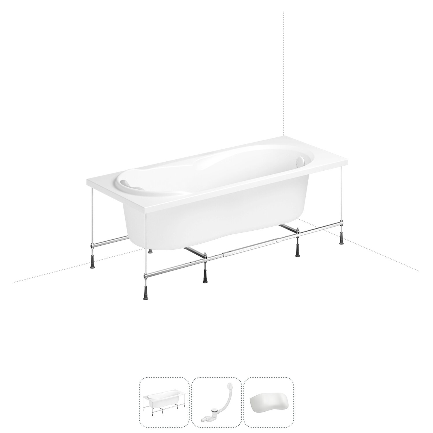 Акриловая ванна 150x70 с каркасом Lavinia Boho Easter Pro 20220958R в наборе 4 в 1: прямоугольная ванна 150 x 70 см, каркас, слив-перелив, подголовник