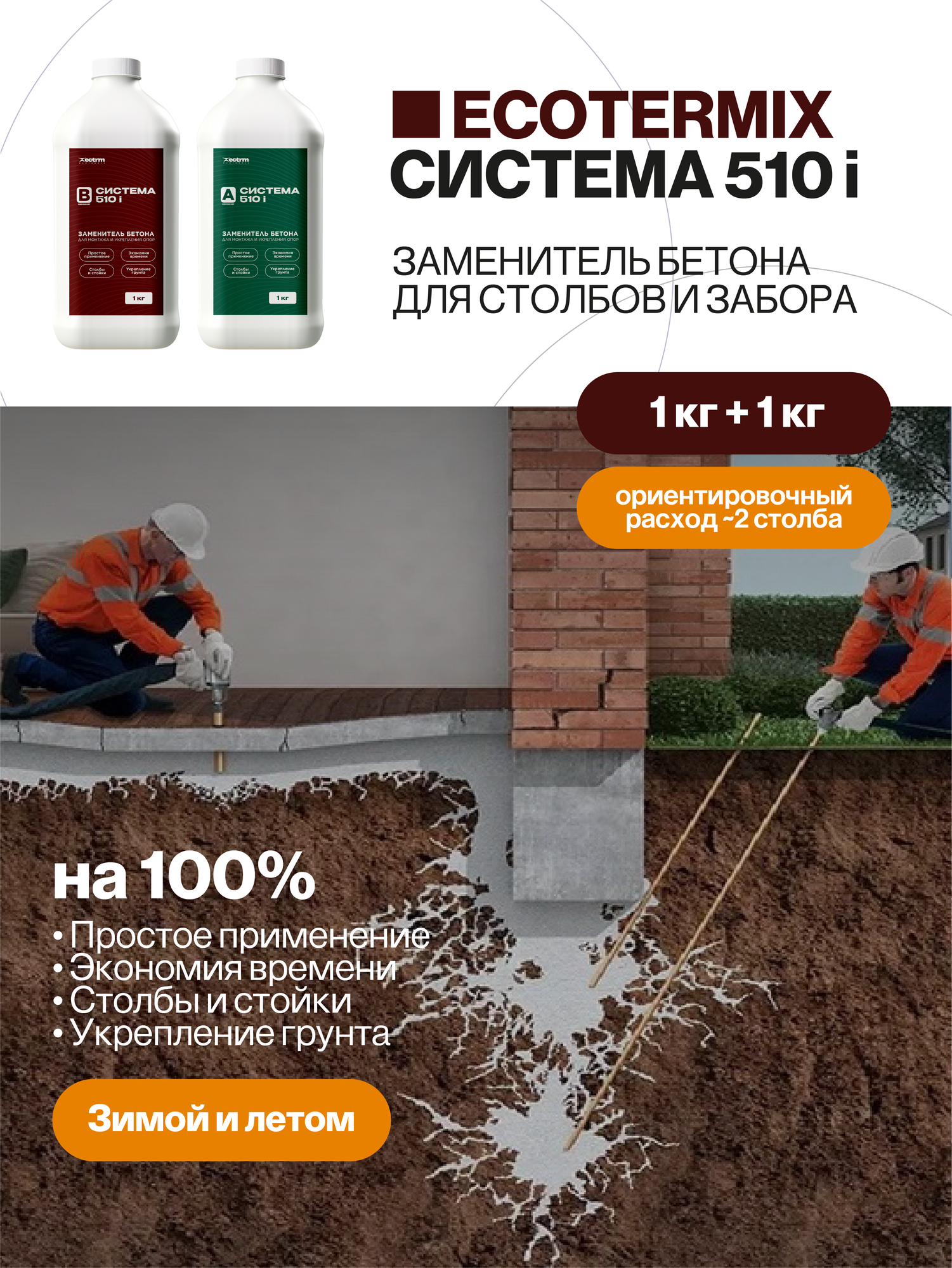 Заменитель бетона Ecotermix 510i (1+1 кг), укрепление почвы, укрепление опор, заборов, столбов, 2 кг