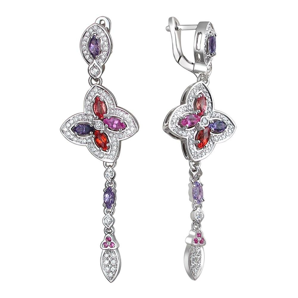 Серьги, белое золото, 585 проба, родирование, бриллиант, сапфир, аметист