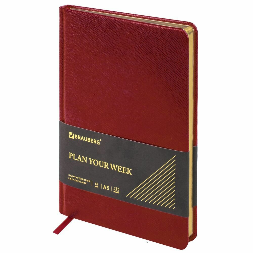 Еженедельник недатированный А5 145х215 мм, BRAUBERG "Iguana", под кожу, 64 л, красный