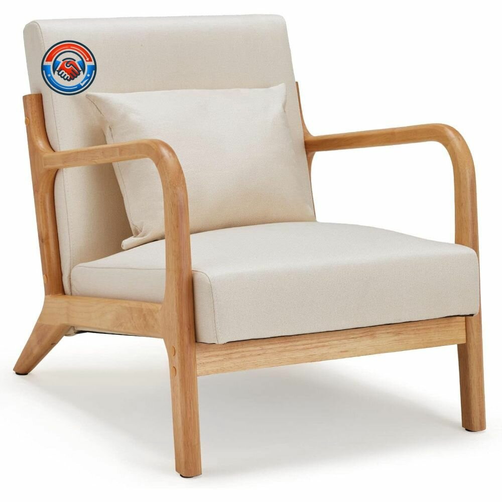 Кресло современное деревянное с мягким льняным чехлом и высокоэластичным наполнителем, комфактное акцентное кресло для гостиной, спальни, балкона и офиса, прочная конструкция из каучукового дерева, стильное и удобное кресло для отдыха