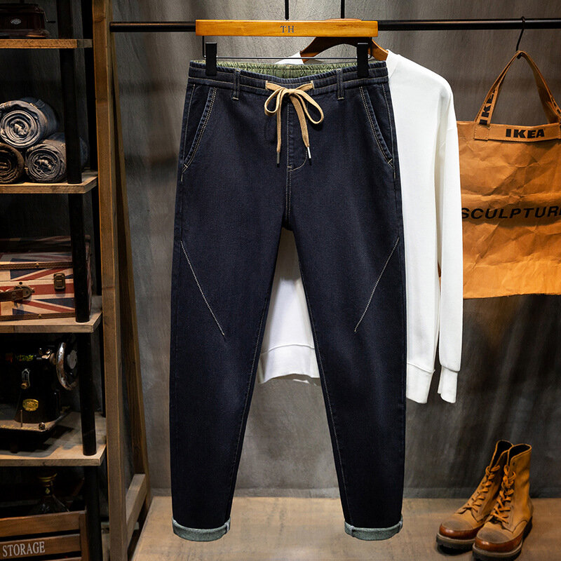 MON Чистый цвет Четыре сезона универс. сплош. цвет джинсы муж. тренд. свободн. плус толст. размер джинсы муж. слит. посадка Харлан штаныВоенно-морской Синий/2XL, Размер_2XL