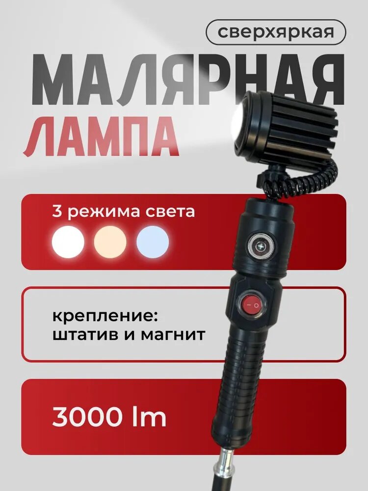 Лампа Маляра / 3000 Лм,60W, Проявочный светильник / Вращающаяся на 360 световая головка + Три режима освещения,10 метровЭлектрический кабель