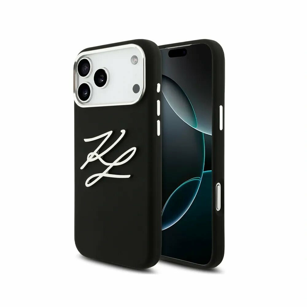 Чехол Lagerfeld для iPhone 17 Pro Liquid Silicone Initials Metal Logo & Camera, Hard Black (KLHCP17LSMCKLMCLK)
